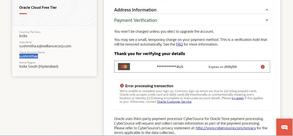 Couldnt Sign Up To The Oracle Cloud Account Oracle Forums