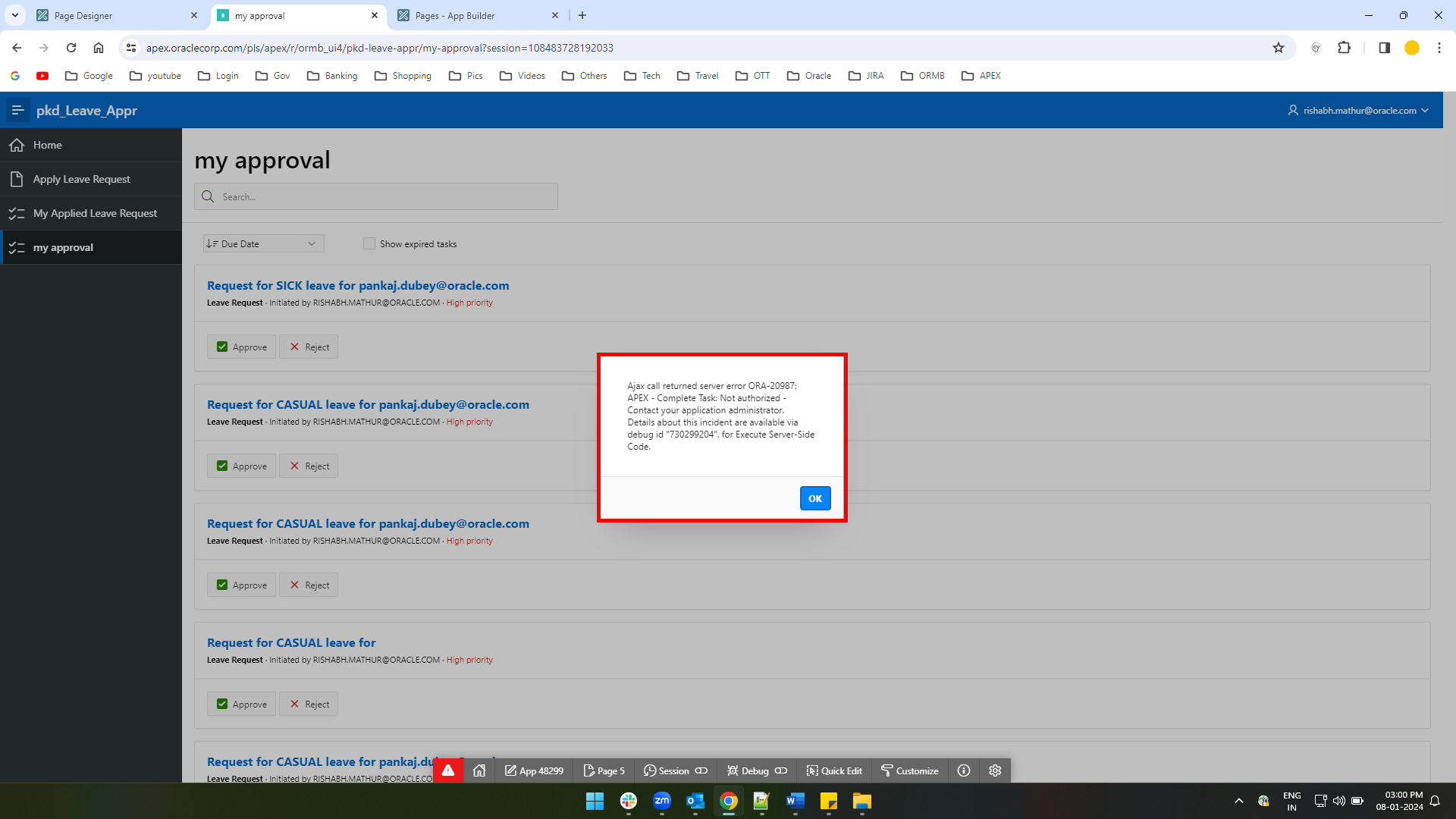 error ORA-20987: APEX - Complete Task: Not authorized - Oracle Forums