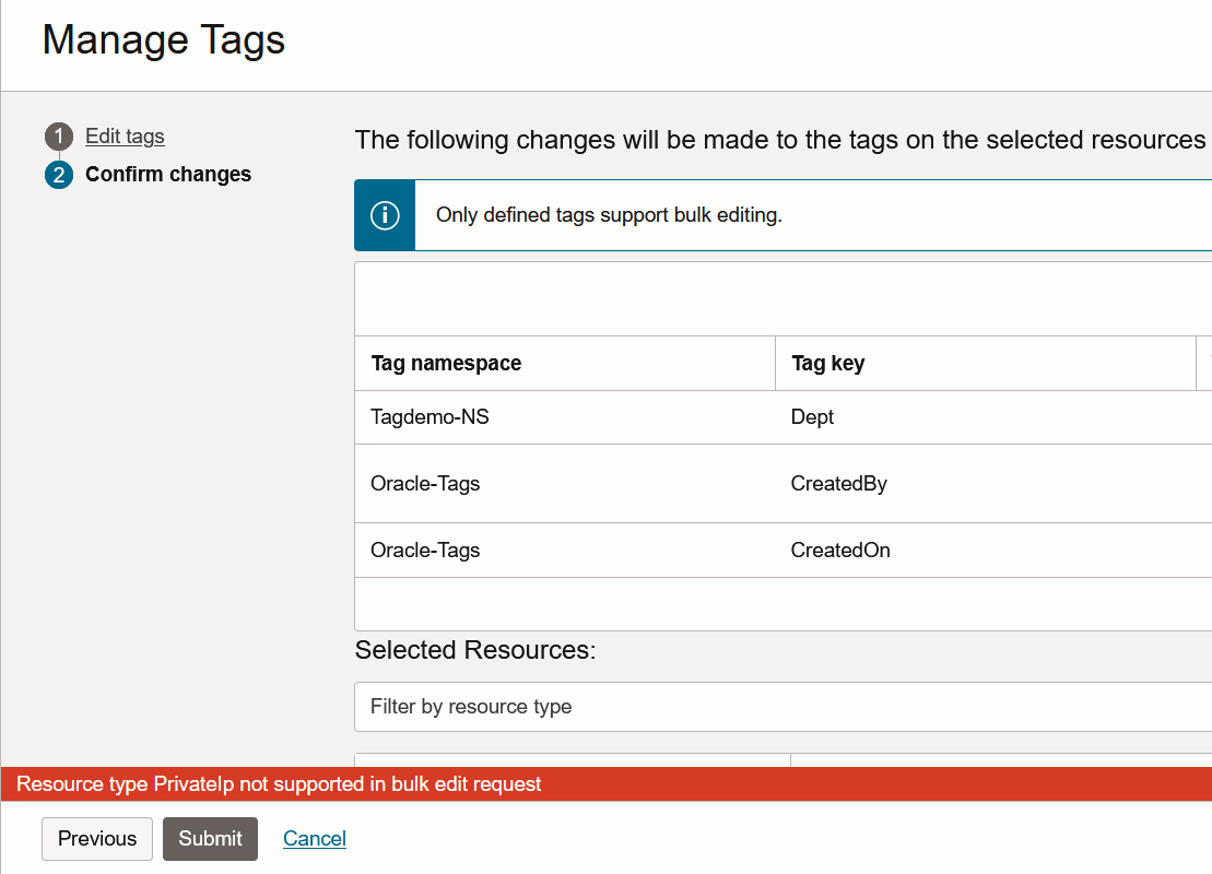 Manage tags in Tenency explorer errors with Resource type Private Ip ...