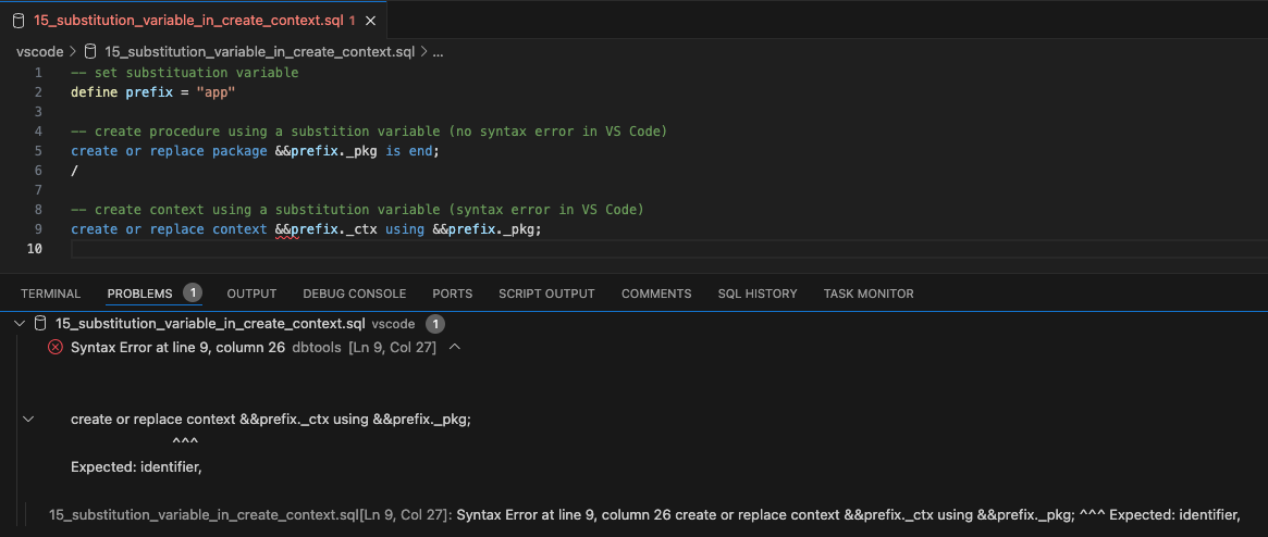 Bug Syntax Error When Using A Substitution Variable In Create Context