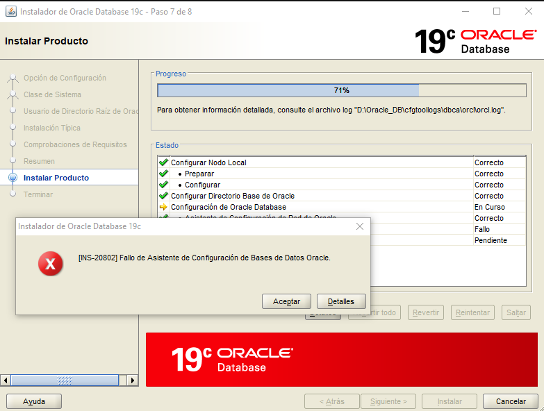 Problemas Al Instalar Oracle 19c Error Fallo De Asistente De Configuración De Bases De Datos 8421