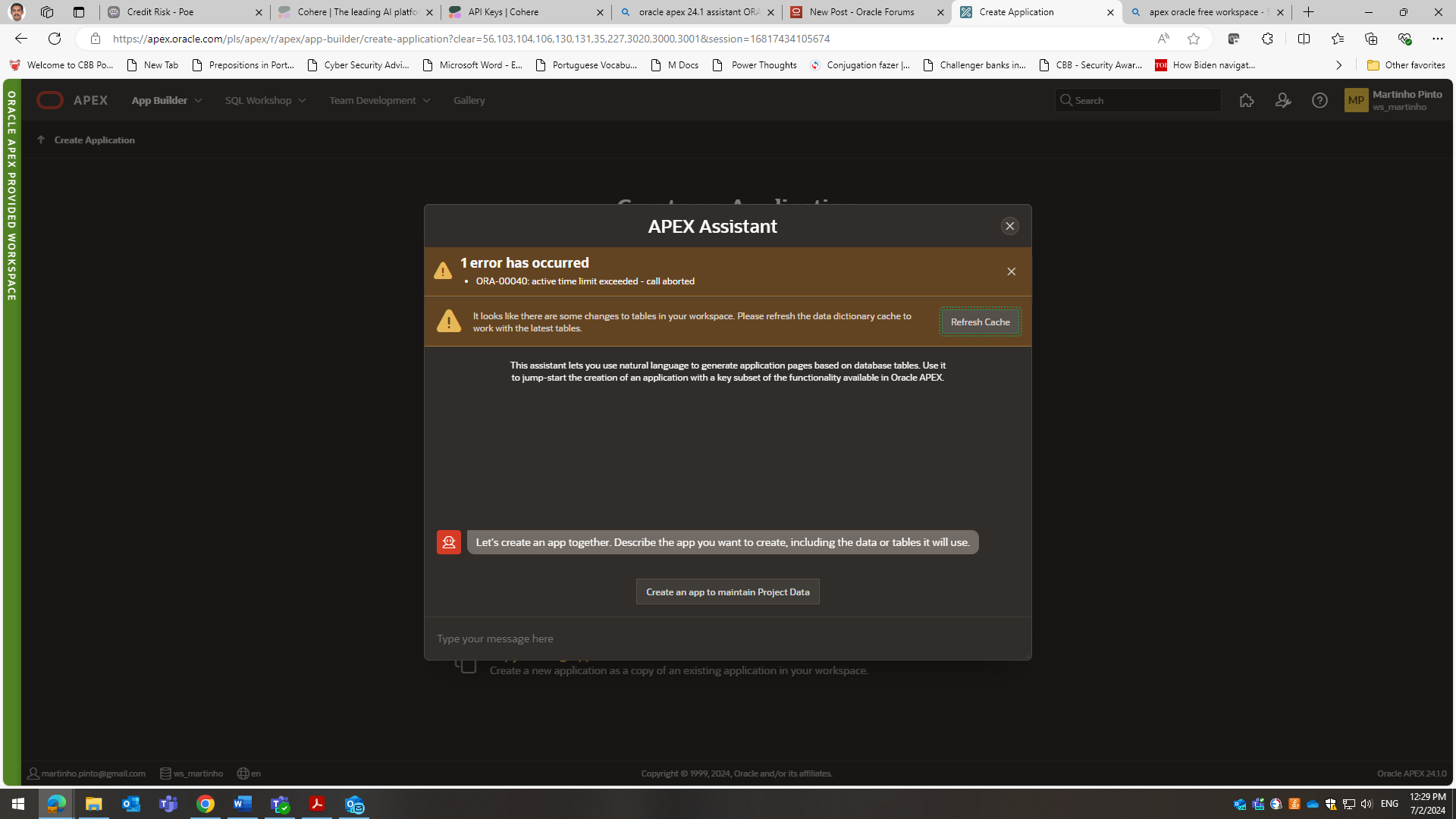 ORA-00040 when refreshing the cache using create app using generative AI - Oracle Forums