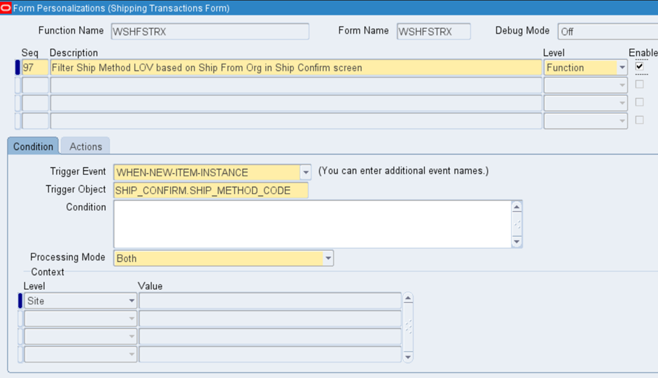 Modify Ship Method LOV on Ship Confirm screen using Form Personalization - Oracle Forums