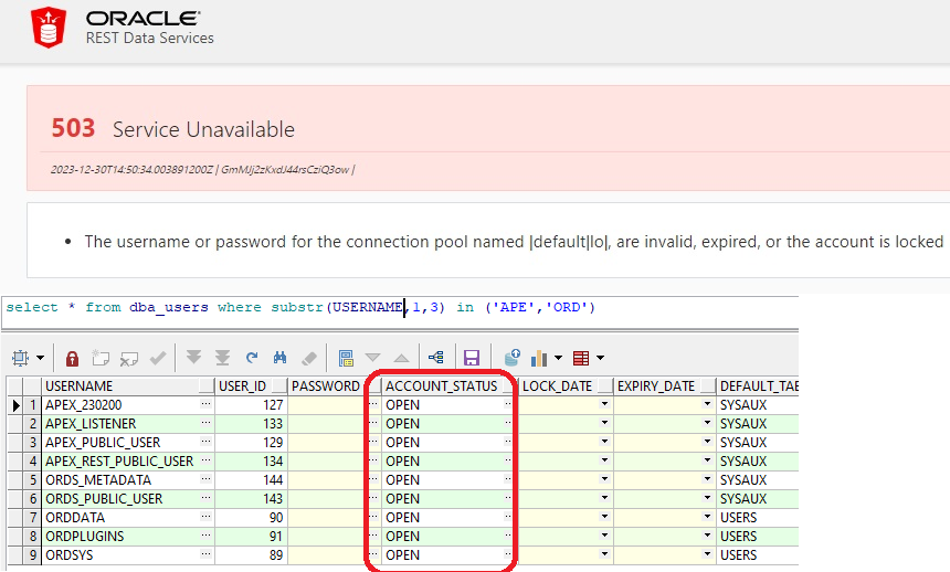503 Serv :The username or password for the connection pool named |default|lo|, are invalid ...