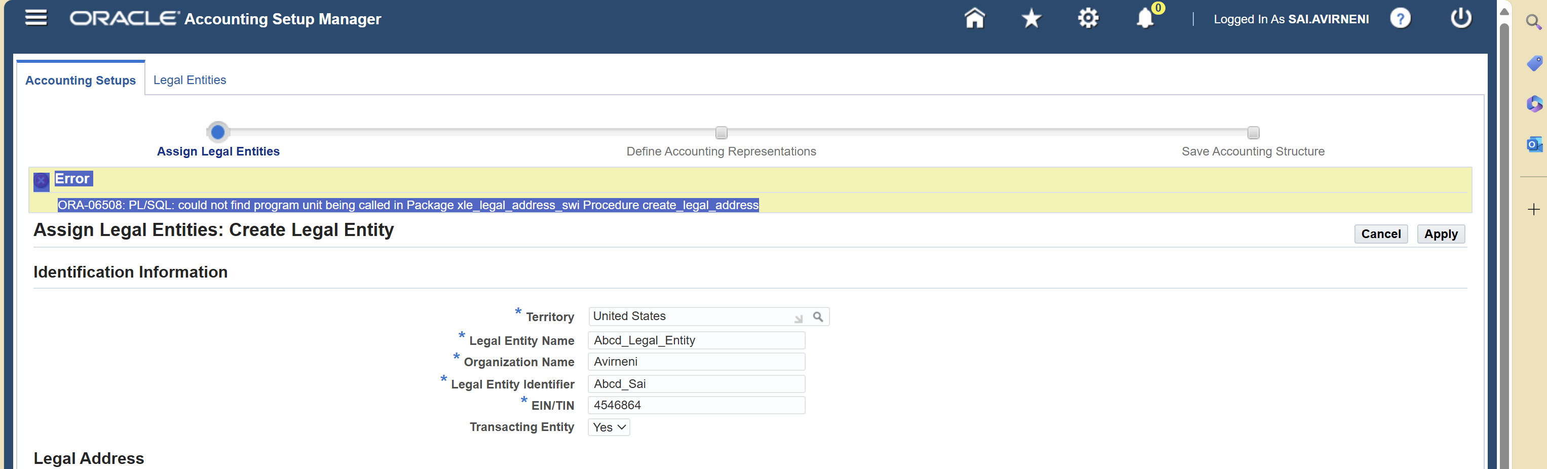Legal Entity (I am Trying to Create Address) - Oracle Forums
