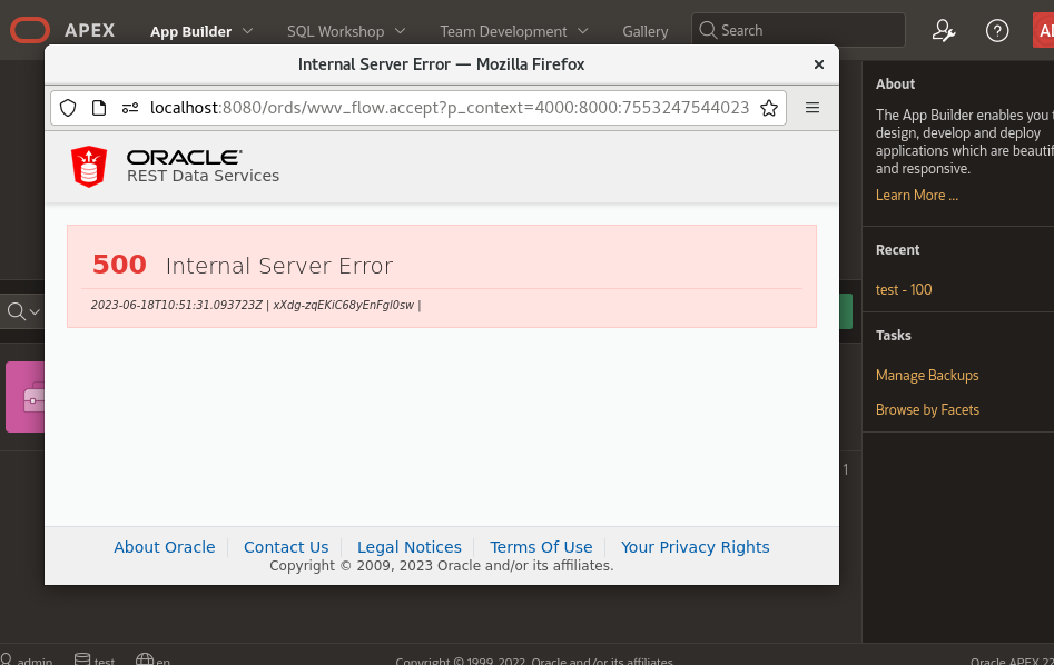 500 Internal Server Error when using APEX Search with Oracle Database 23c Free . - Oracle Forums