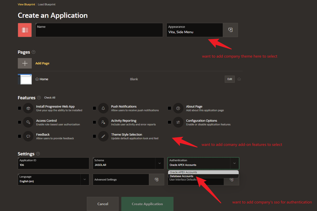 how to add customized features in application blueprint - Oracle Forums