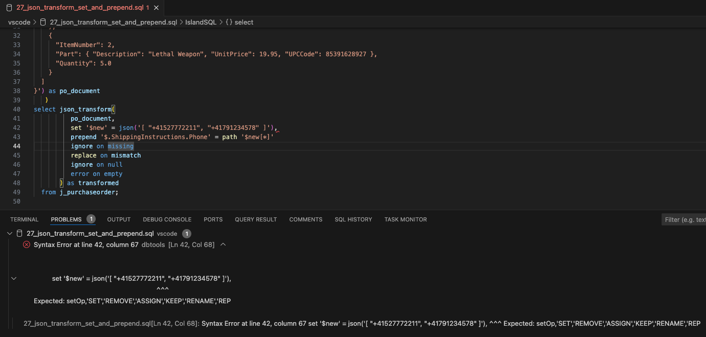 Bug: Syntax Error When Using JSON_TRANSFORM With SET/PREPEND Operation - Oracle Forums