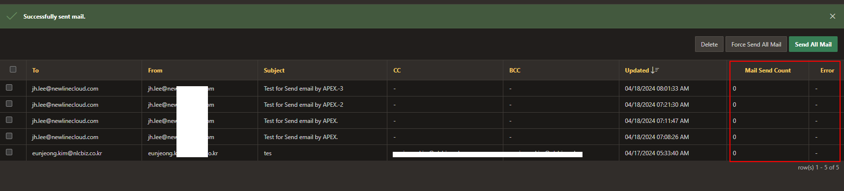 When sending mail from APEX, a problem occurs in which there is no response from the mail queue ...