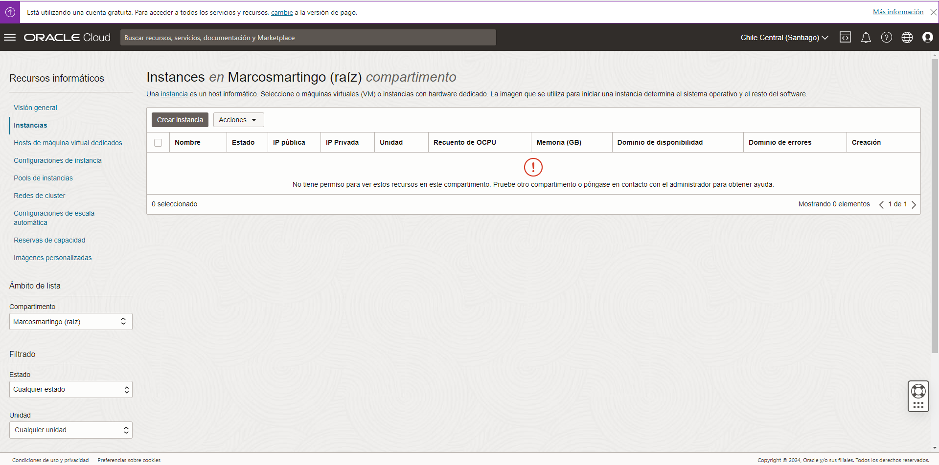accedí a mi cuenta de oracle cloud pero no puedo crear instancias ni hacer otras cosas - Oracle ...