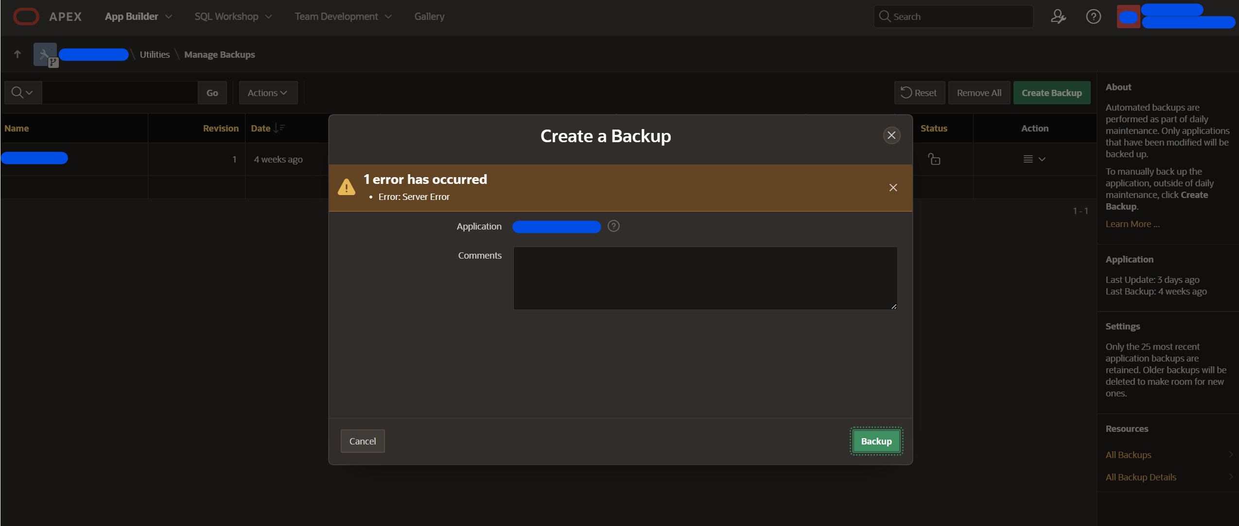 Server Error When Creating Backup Of App In App Builder Oracle Forums